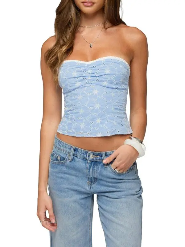 EDIKTED Eyelet Strapless Corset Top - Light-blue