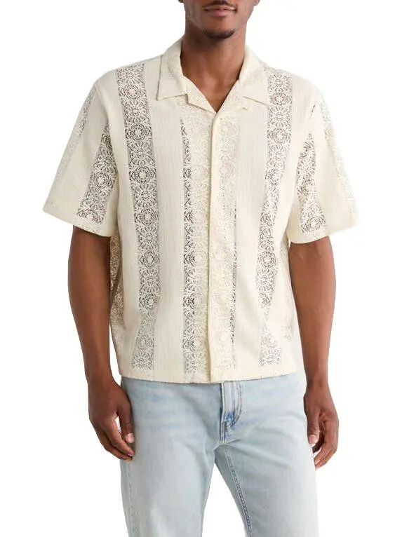 PACSUN Dexter Lace Panel Button-up Camp Shirt - Tan