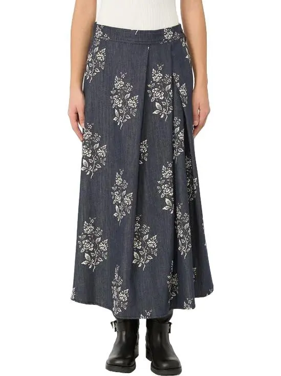 Max Mara Floral Denim Midi Skirt - Navy