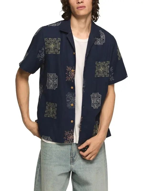 Lucky Brand Embridered Tile Pattern Cotton Camp Shirt - Blue Multi