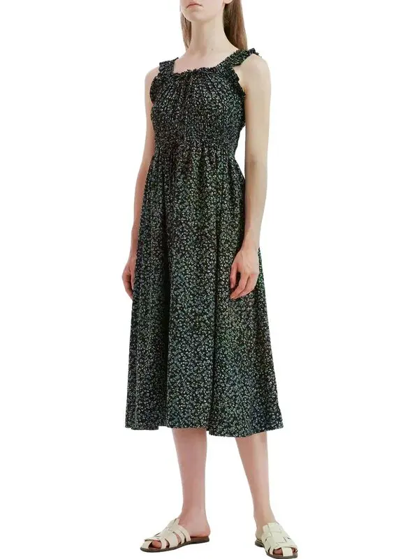 B+AB Floral-print Shirred Dress With Ruffled Shoulders - Black