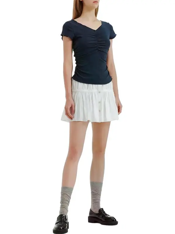 B+AB Ruched Lettuce-trim V-neck T-shirt - Blue