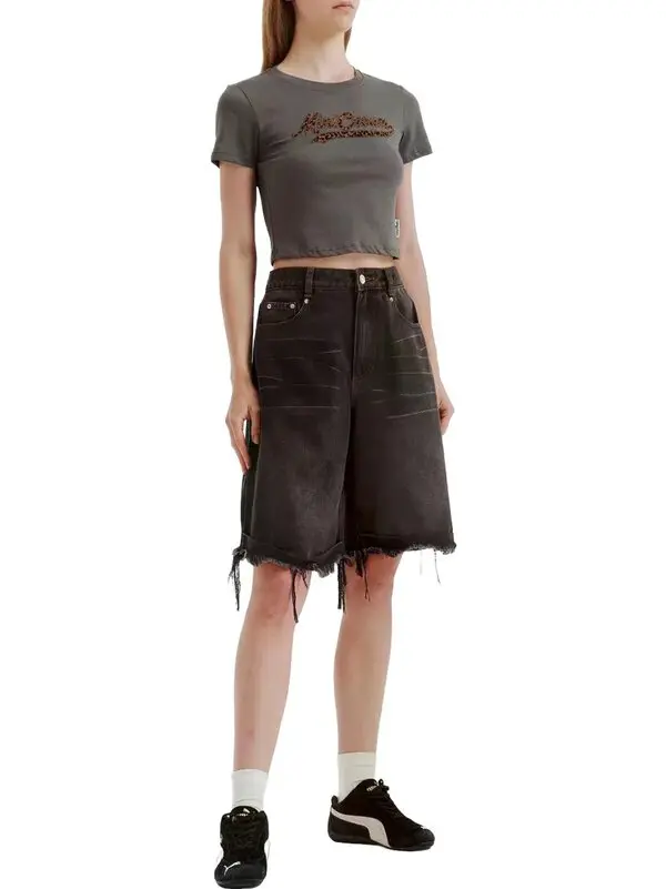 MINI CREAM Leopard-print Logo Patch T-shirt - Grey