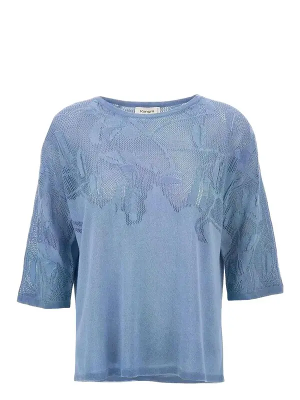 KANGRA Openwork Detail Three-quarter Sleeve Sweater - Blue