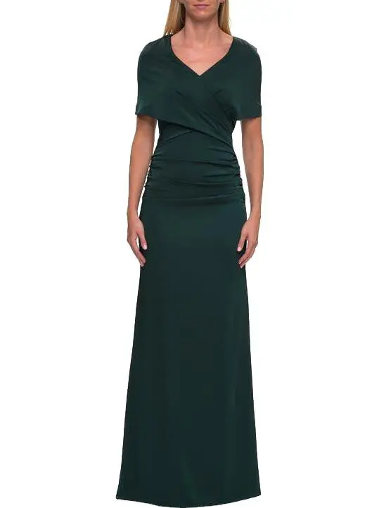 La Femme Draped Bodice Jersey Gown With Short Sleeves - Dark Emerald