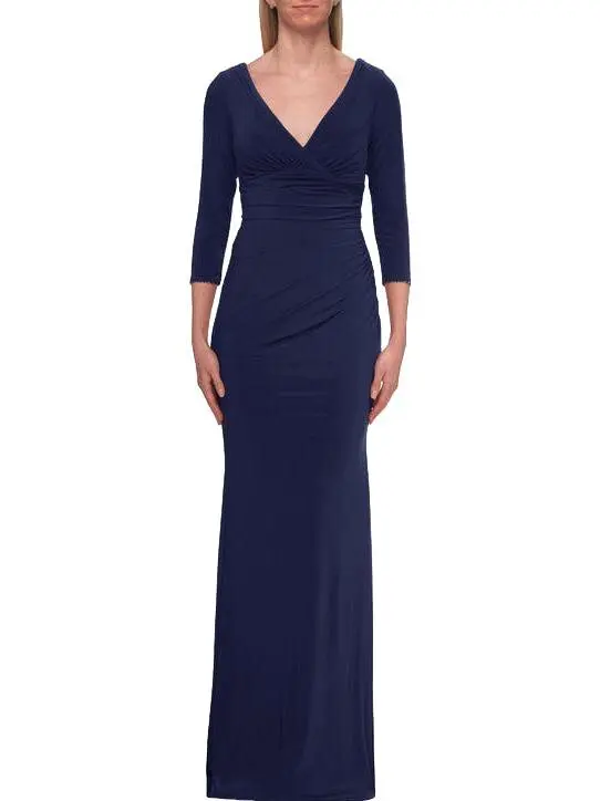 La Femme V-neck Ruched Gown With Three-quarter Sleeves - Navy