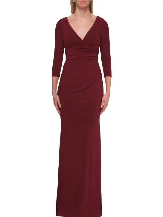 La Femme V-neck Ruched Gown With Three-quarter Sleeves - Wine