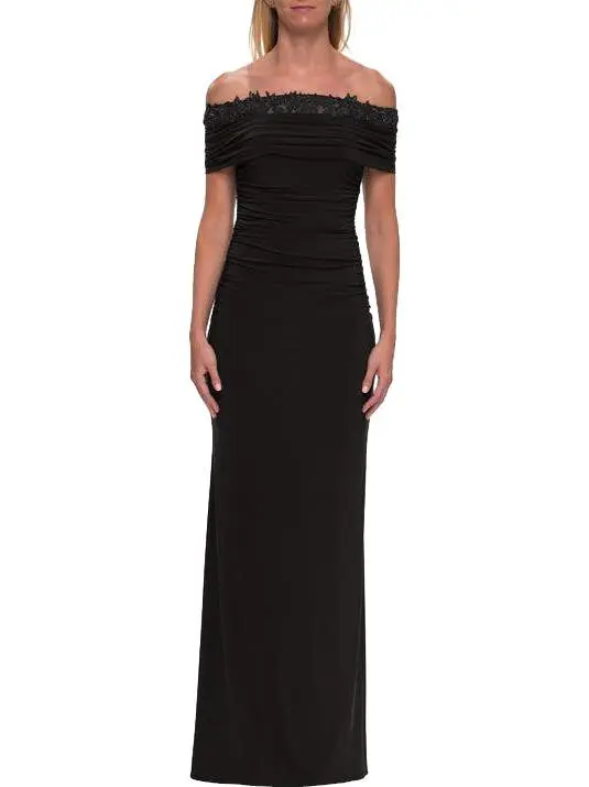 La Femme Off-the-shoulder Lace Trim Evening Gown - Black