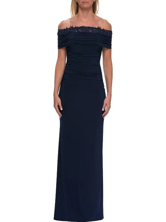 La Femme Off-the-shoulder Lace Trim Evening Gown - Navy