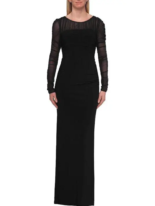 La Femme Long Sleeve Sheer Net Jersey Gown With Ruching - Black