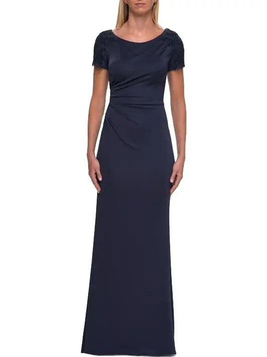 La Femme Embellished Shoulder Gown - Navy