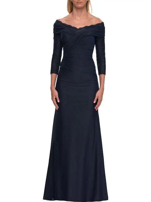 La Femme Off-the-shoulder Three-quarter Sleeve Gown - Navy