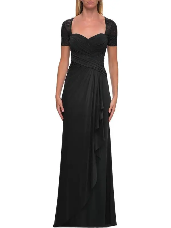 La Femme Ruched Lace Bodice Gown With Draped Skirt - Black