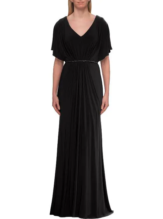 La Femme Flutter Sleeve Beaded Waist Gown - Black