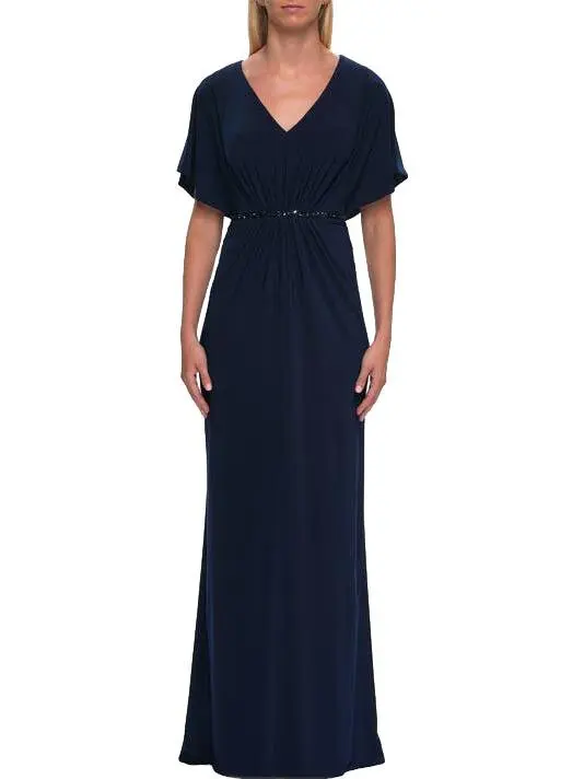 La Femme Flutter Sleeve Beaded Waist Gown - Navy