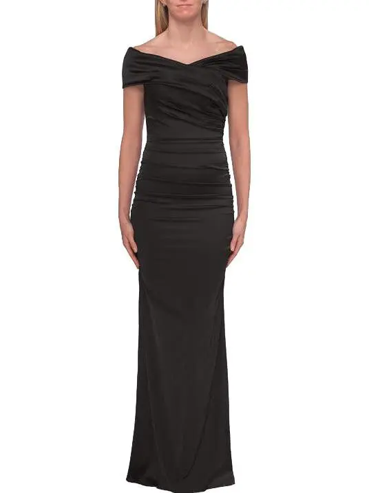 La Femme Off-the-shoulder Ruched Satin Gown - Black