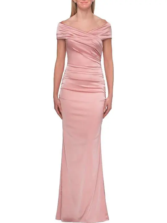 La Femme Off-the-shoulder Ruched Satin Gown - Blush