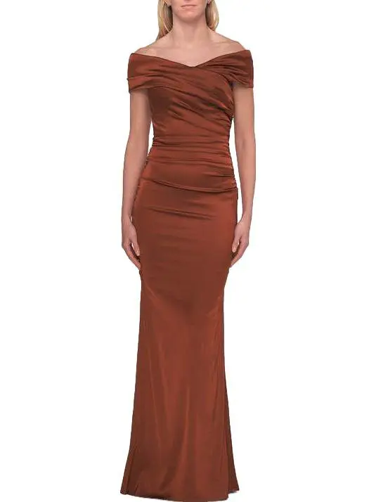 La Femme Off-the-shoulder Ruched Satin Gown - Copper