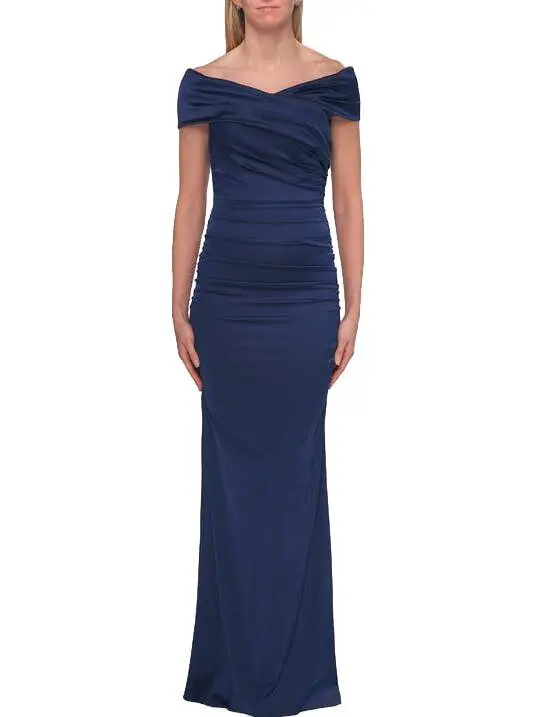 La Femme Off-the-shoulder Ruched Satin Gown - Navy