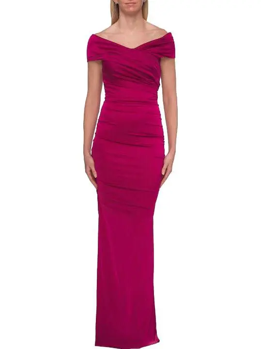 La Femme Off-the-shoulder Ruched Satin Gown - Raspberry
