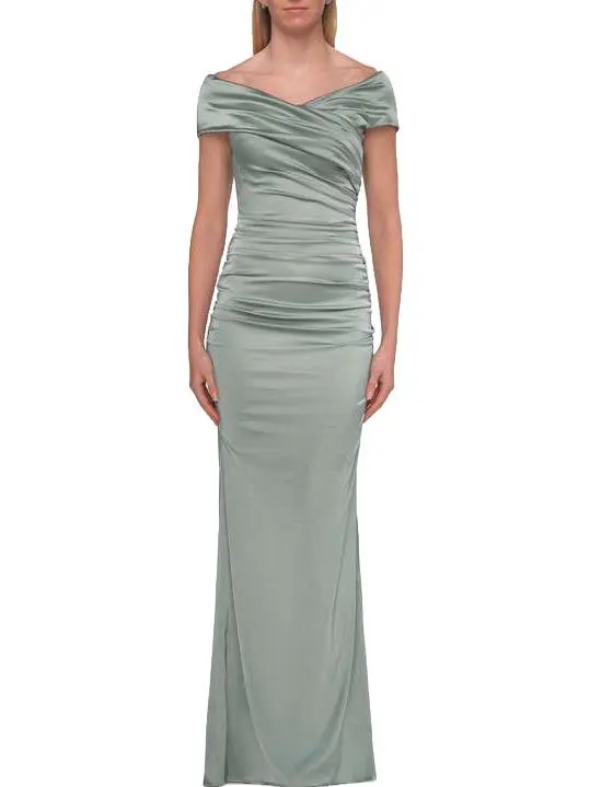 La Femme Off-the-shoulder Ruched Satin Gown - Sage