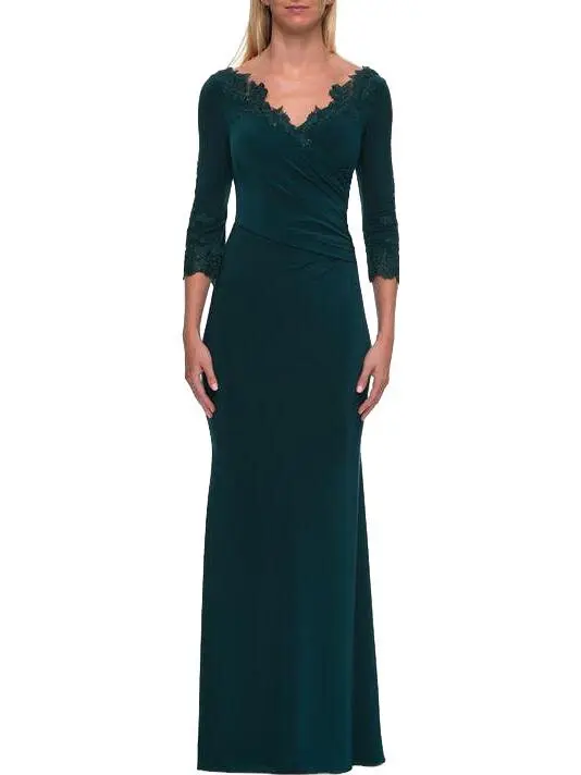 La Femme V-neck Lace Trim Gown With Three-quarter Sleeves - Emerald