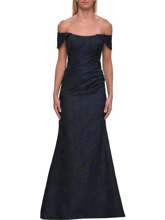 La Femme Off-the-shoulder Jacquard Gown - Navy