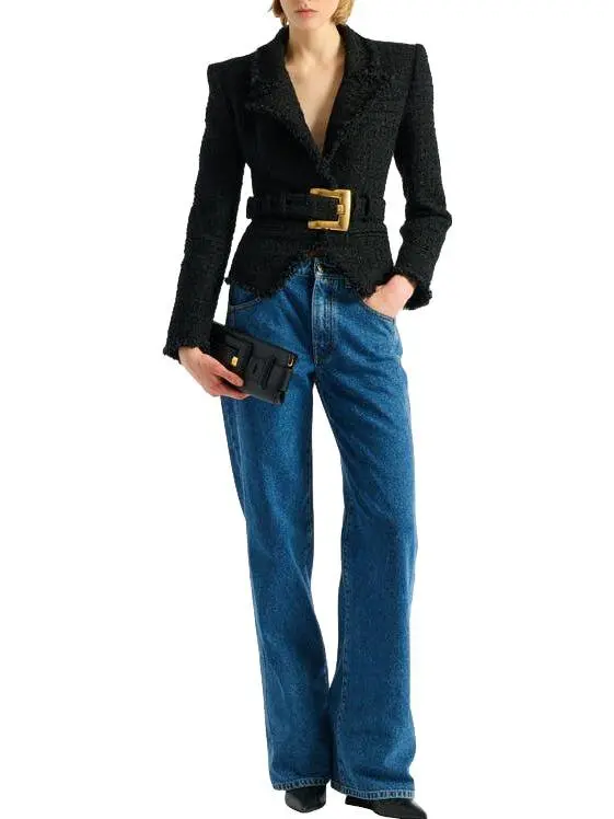 Balmain Belted Tweed Jacket With Gold Metal Buckle - Black