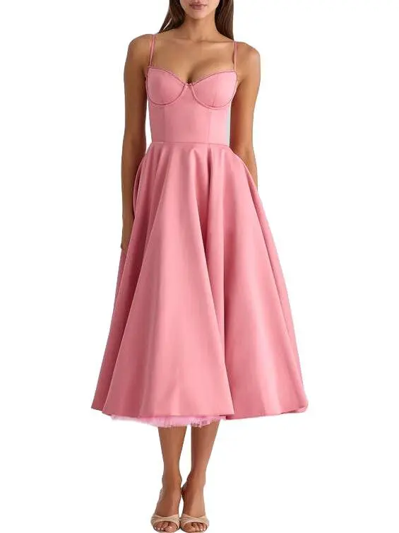 House Of Cb Mademoiselle Bustier Stretch Satin Midi Dress - Raspberry