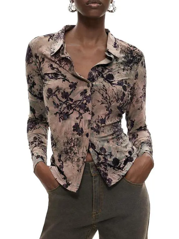 Desigual Printed Stretch Button-up Shirt - Gray Brown