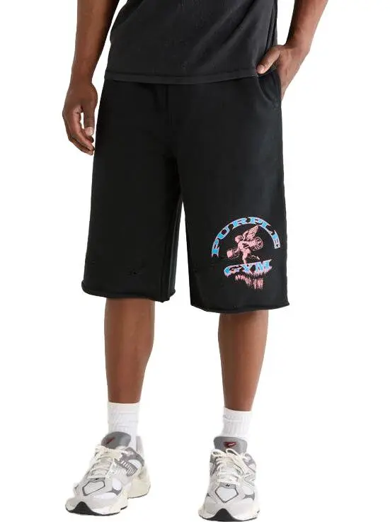 PURPLE BRAND Logo Graphic Relaxed Fit Cotton Shorts - Black