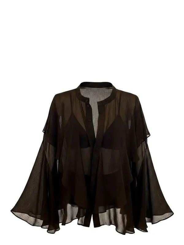 CONCEPT A TROIS Espresso Chiffon Ruffle Blouse - Brown