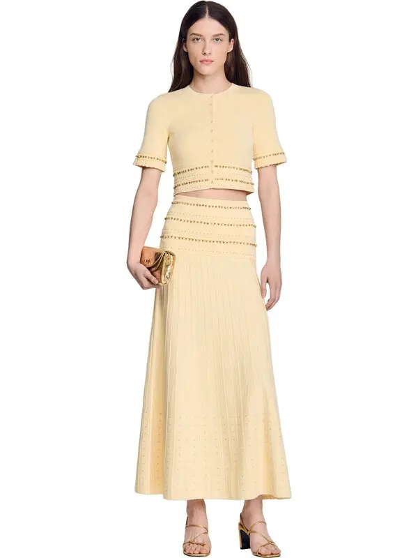 Sandro Cropped Knit Top With Tassels And Button Fastening - Vanilla