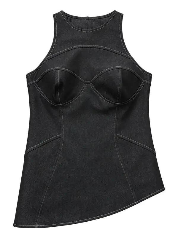 NOCTURNE Halter Neck Sculptural Denim Bustier Top - Black