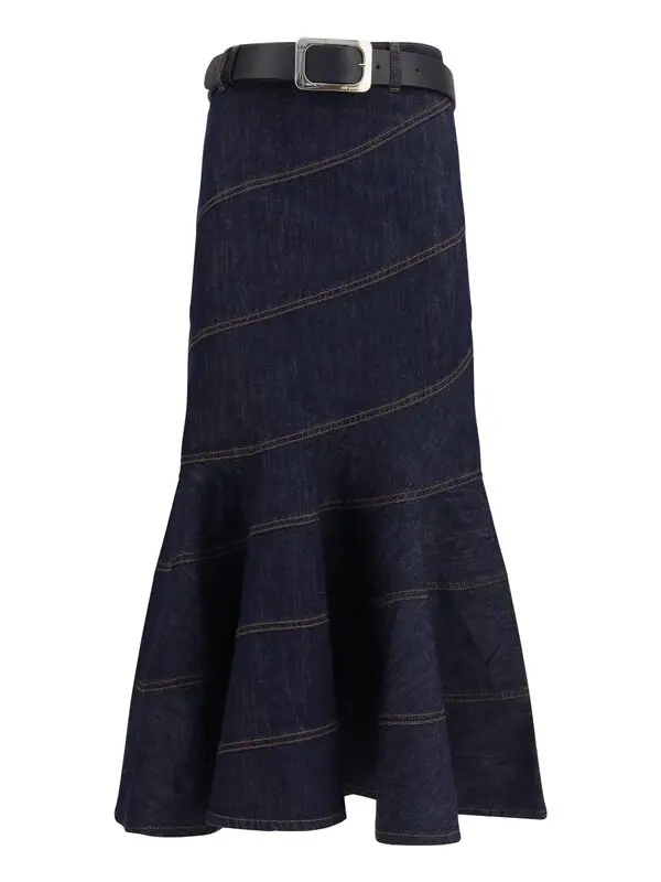 SELF-PORTRAIT Denim Midi Skirt With Belt - Blue
