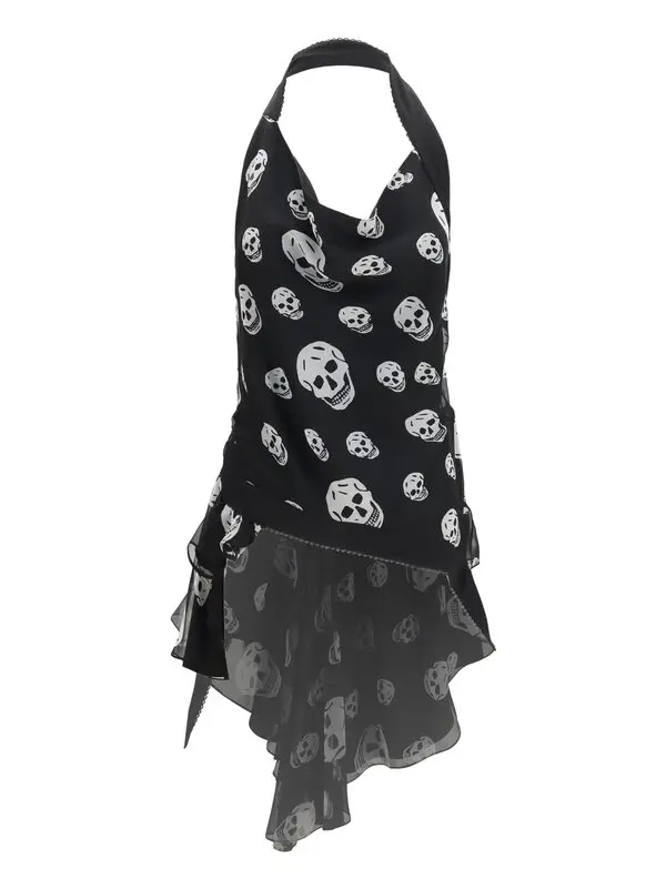 Alexander McQueen Halter Silk Top With All-over Skull Print - Black