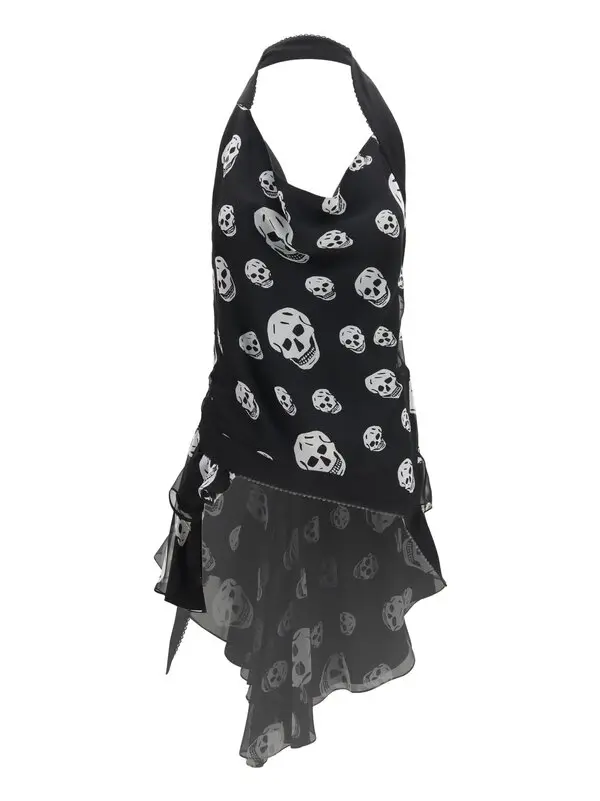 Alexander McQueen Halter Silk Top With All-over Skull Print - Black