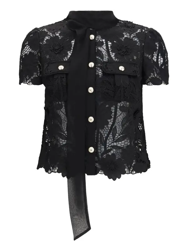 SELF-PORTRAIT Lace Tie-neck Top With Gold Button Detail - Black