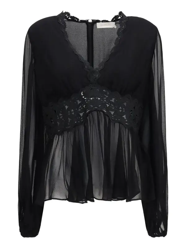 Zimmermann Luna Peplum Blouse With V-neck And Puff Sleeves - Black