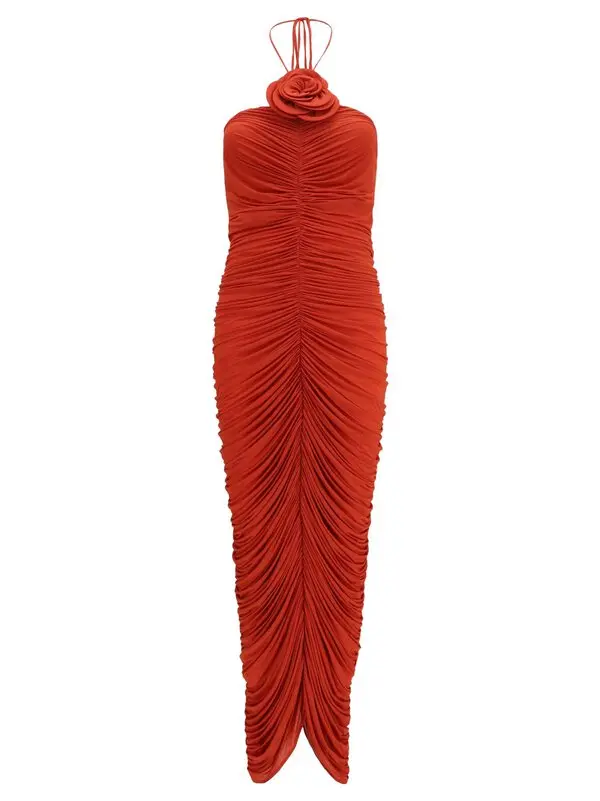 Magda Butrym Halterneck Dress With Floral Ruching - Red