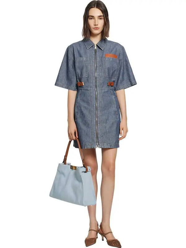 Fendi Chambray Denim Zip-up Shirt Dress - Blue