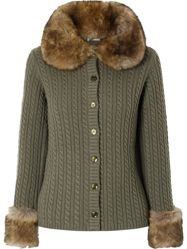 Saint Laurent Shearling-trimmed Cable-knit Cardigan - Green