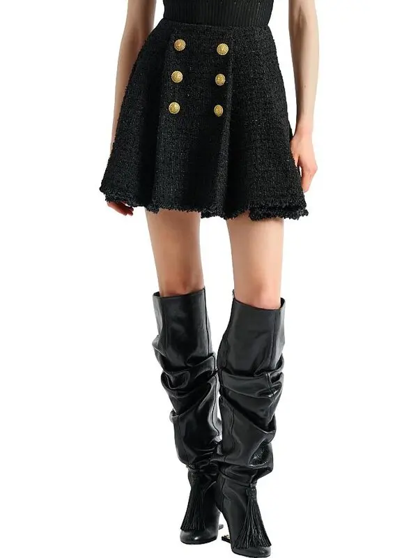 Balmain Flared Tweed Skirt With Button Detail - Black