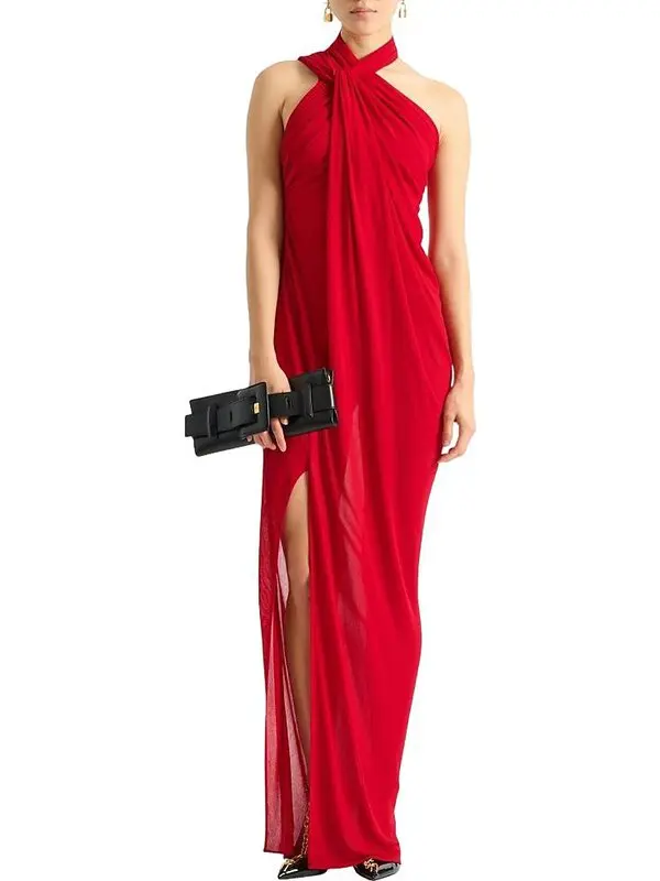 Balmain Draped Jersey Maxi Dress With Halter Neck - Red