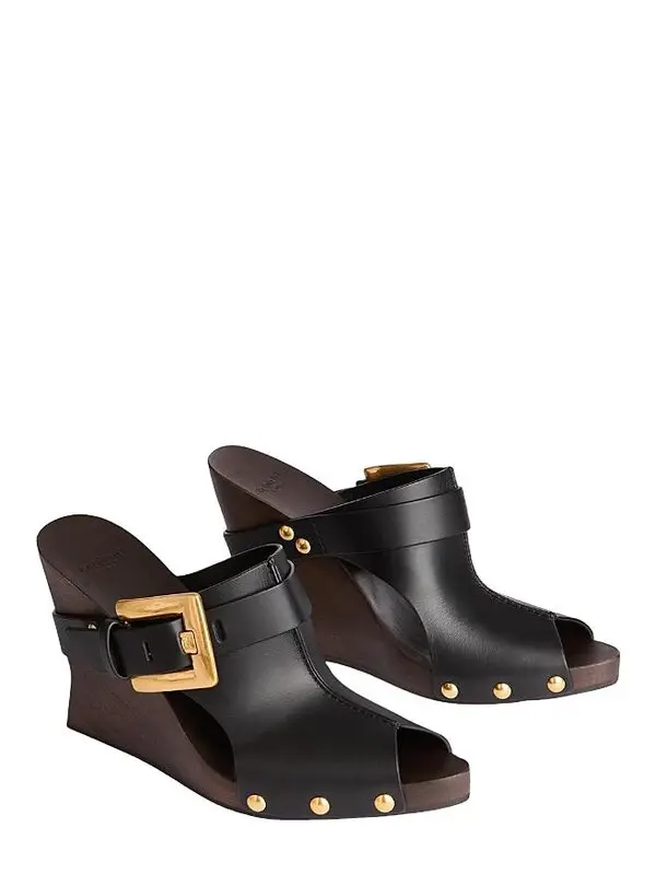 Balmain Anthem Wedge Smooth Leather Mules - Black