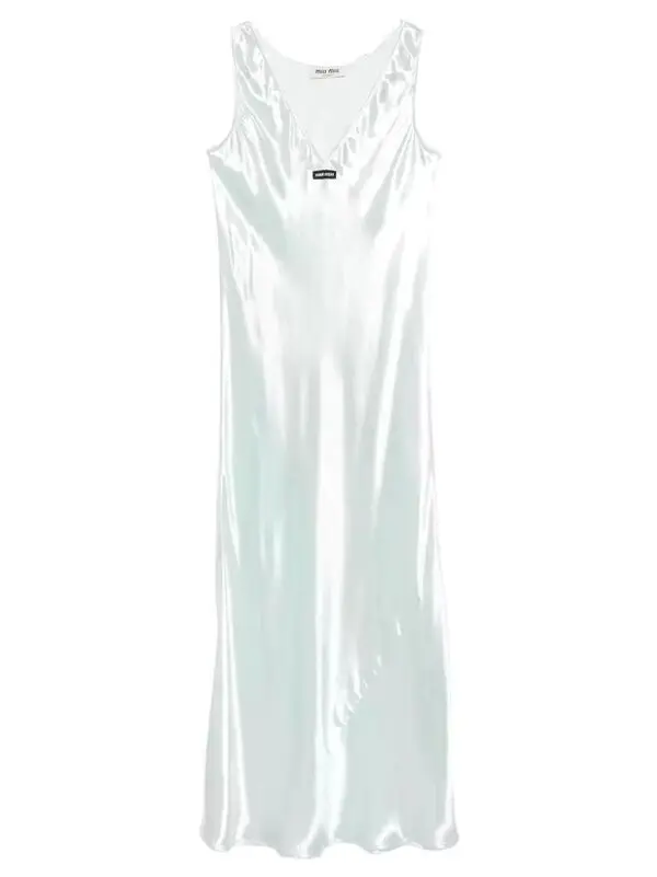 Miu Miu Satin Maxi Dress With Logo Patch - Blue