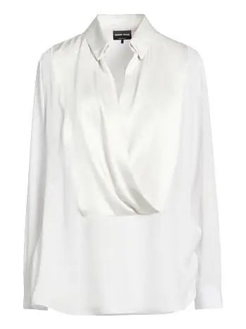 Giorgio Armani Silk Crepe Satin Wrap-effect Polo Collar Long Sleeve Top - Grey