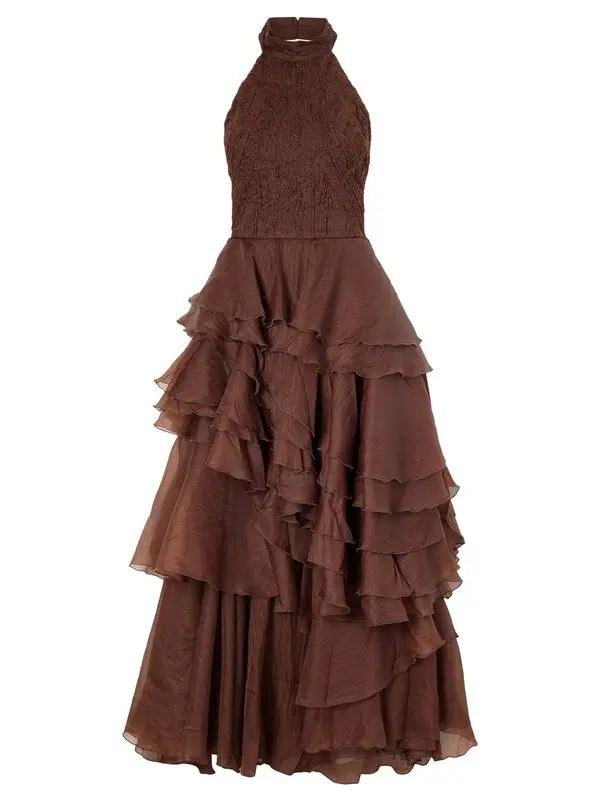 Aje Fayette Tiered Ruffled Halterneck Gown - Brown
