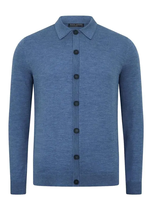 PAUL JAMES KNITWEAR Cassius Extra Fine Merino Wool Polo Cardigan - Blue