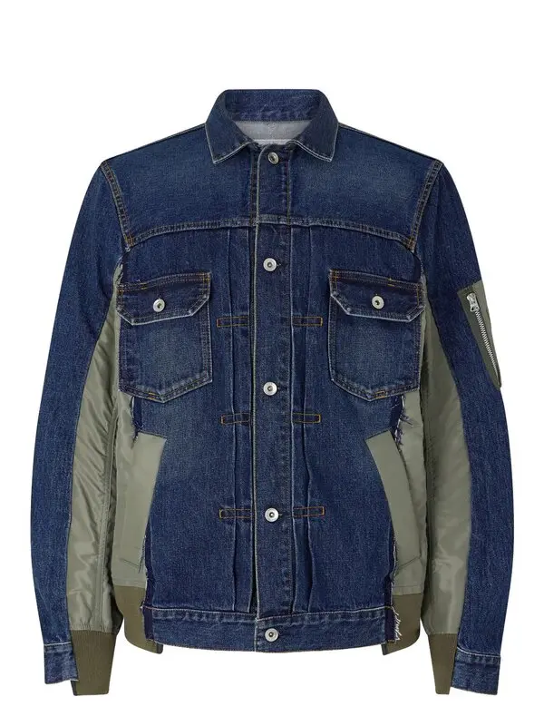Sacai Distressed Denim And Shell Paneled Jacket - Blue